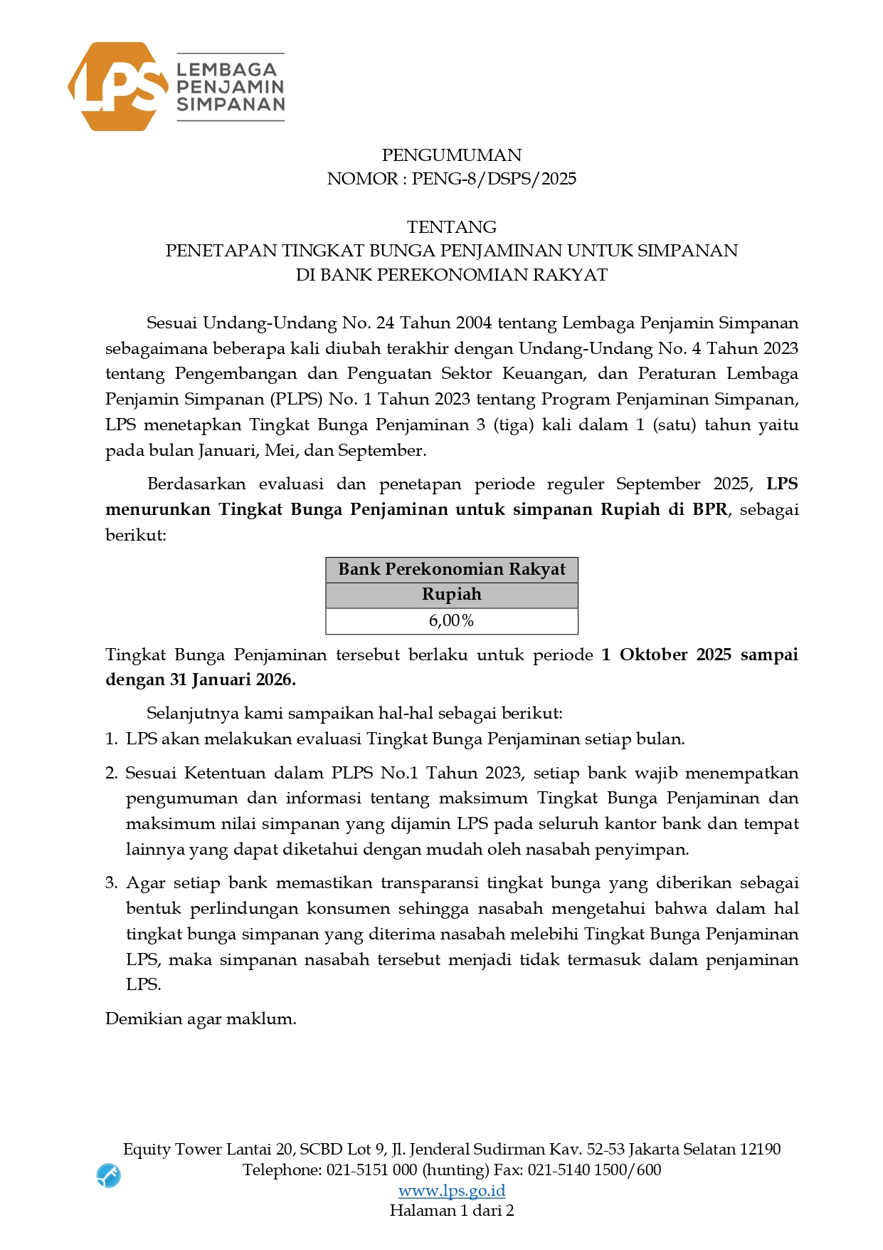 Informasi LPS - Bank Palembang